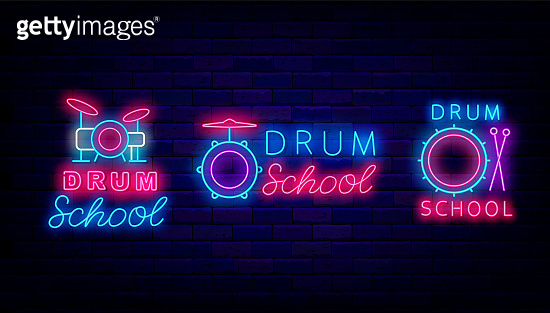 Drum school neon labels collection. Music education signs set on brick ...