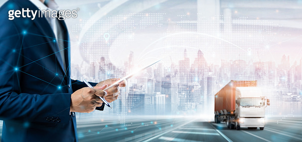 Global business network distribution container truck on highway at city ...