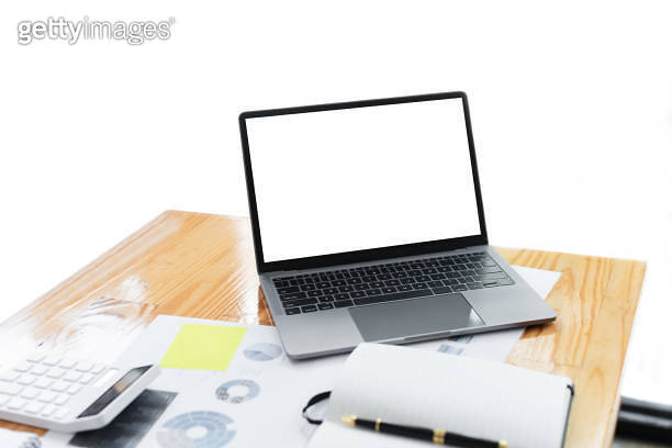 Laptop blank white screen of stationary place at office. Mock up. 이미지 ...