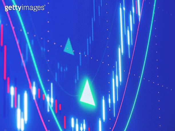 Trading monitor with surging chart and moving averages of a stock index ...