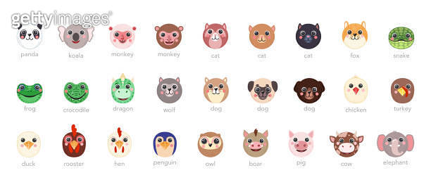 Round Animals Set Cute portraits cartoon illustration flat vector dog ...