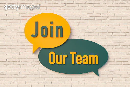 Join our team. Sign, speech bubble, text in yellow and dark green ...