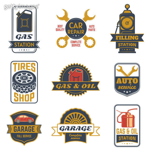 Vintage car gasoline station badges, retro fuel labels. Automobiles gas ...