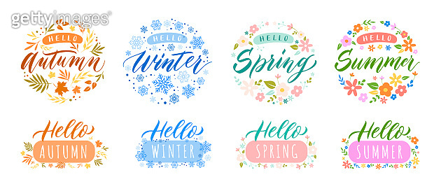 Hello season lettering badge. Autumn, Winter, Spring and Summer seasons ...