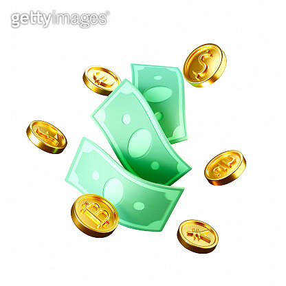 Floating curly dollar bills and golden dollar coins isolated on white ...