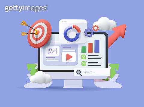 SEO Optimization, web analytics and seo marketing social media concept. 3d vector illustration ...