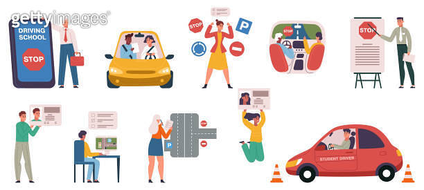 Driving auto school, driving lessons, instruction and exam scenes ...