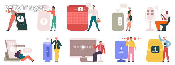 People use audio smart speaker or virtual voice assistant. Cartoon user ...