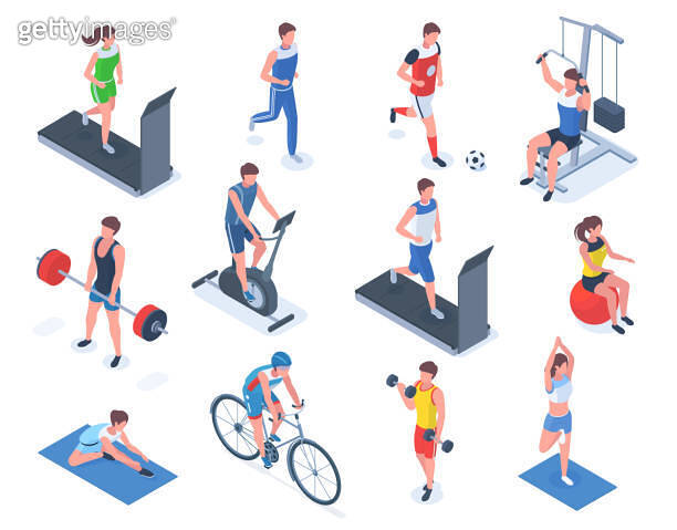 Isometric sport people, fitness, gym and yoga. People training on ...