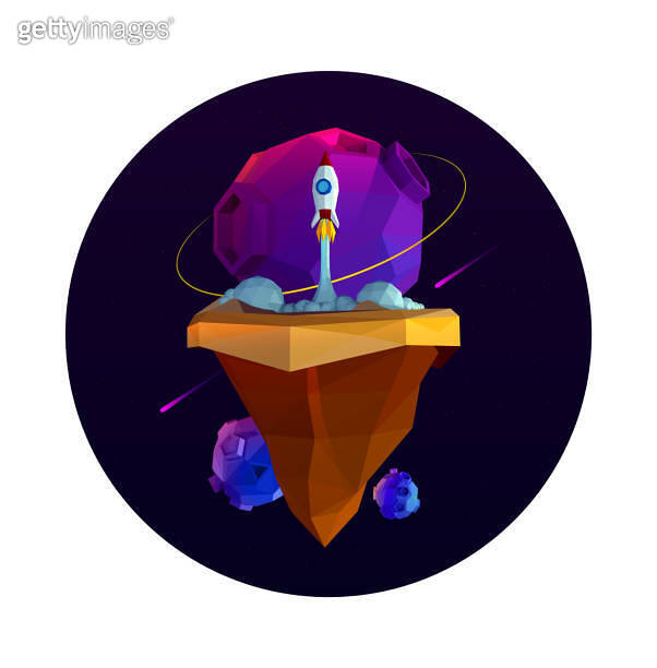 Flying Island of Triangles with a Rocket and Moon 이미지 (1410993497) - 게티 ...
