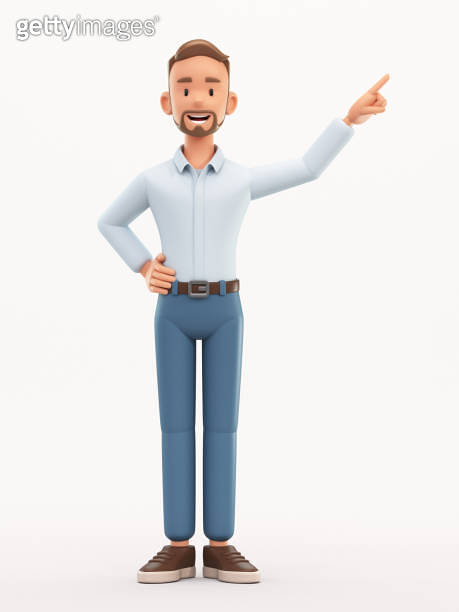 Standing smiling man pointing finger at direction. Cartoon happy ...
