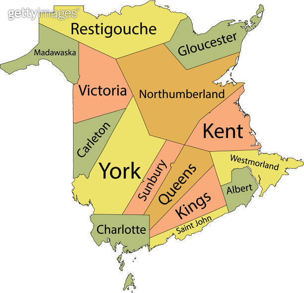Pastel tagged map of counties of NEW BRUNSWICK, CANADA 이미지 (1364488265 ...