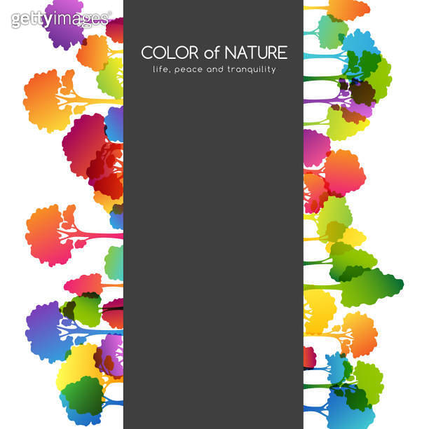 Rainbow season forest. Vector frame of colorful trees. Bright ...