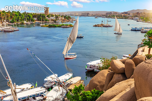 Aswan city, beautiful scenery of the Nile and boats, upper Egypt ...