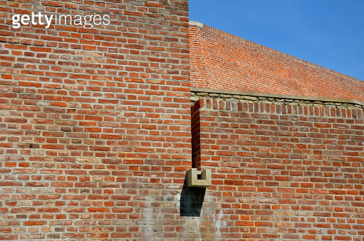 stairs and railings of exposed brick smooth surface. Metal railings and ...