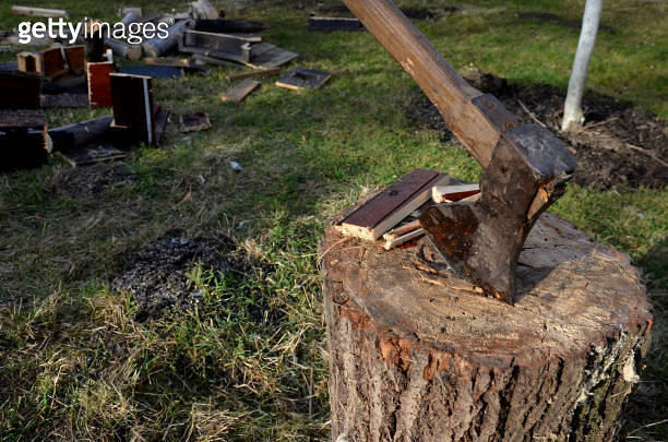 a bloody ax stuck in a log for chopping wood. a man in green pants and ...