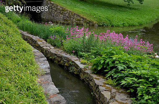 a garden of a shady nature by a stream flowing into a paved stream ...