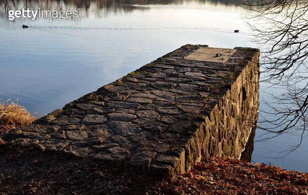 pond sluice, water reservoirs with regulation and concrete dam shaft ...