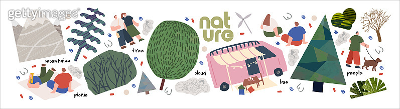 Nature and people walking in the park at a picnic. Vector illustrations ...