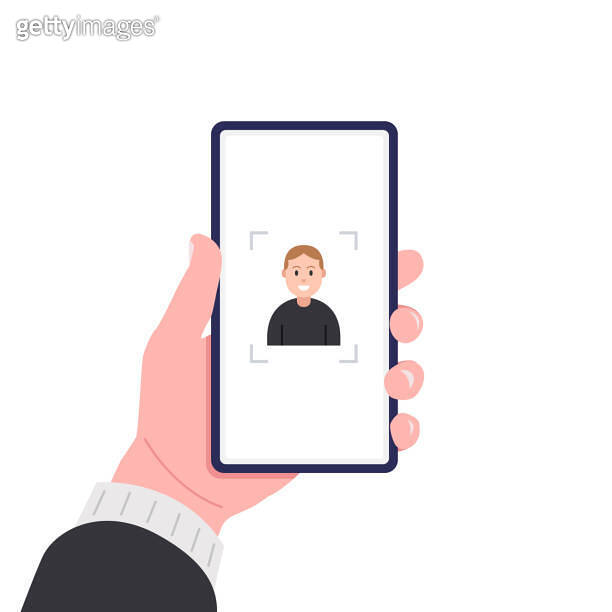 Hand holding mobile smart phone with face recognition app. Face id with ...