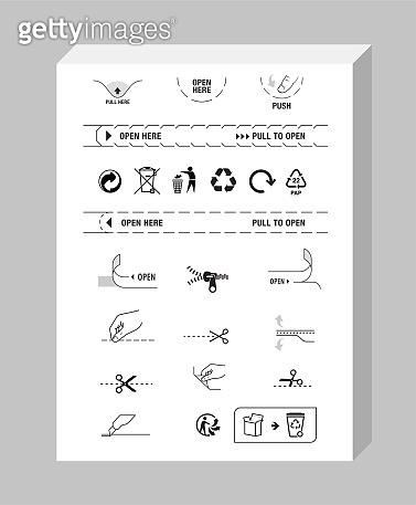 A set of instruction icons for openings, locks, tear notch. 이미지 ...