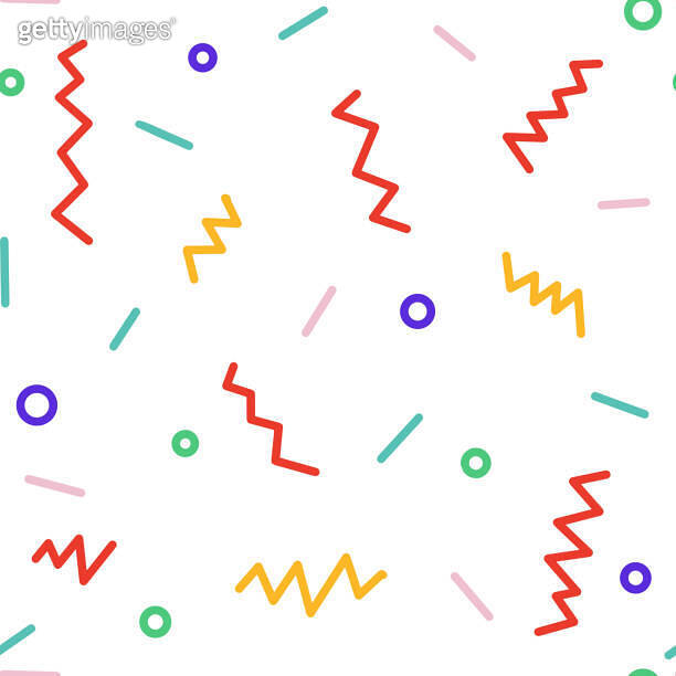Decorative, colored geometric shapes of circle, dashes, zigzags, curves ...