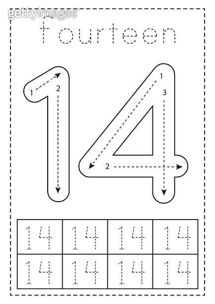 Tracing number fourteen. Preschool worksheet. Black and white. 이미지 ...