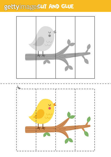 Cut and glue parts of cartoon bird on branch. 이미지 (1390576416) - 게티이미지뱅크