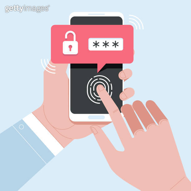 Hands with smartphone unlocked with fingerprint button and password notification vector ...