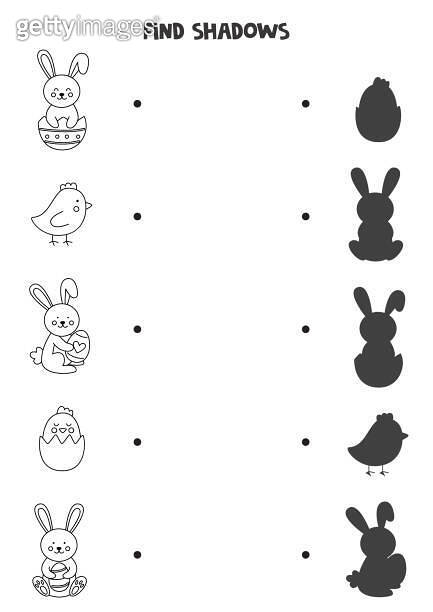 Find the correct shadows of cute Easter bunnies and chicks. Logical ...