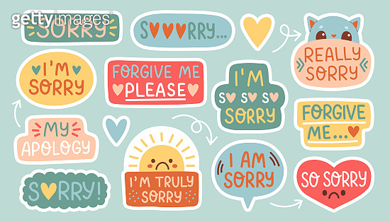 Sorry stickers set, apologize quotes vector collection. Set of hand ...
