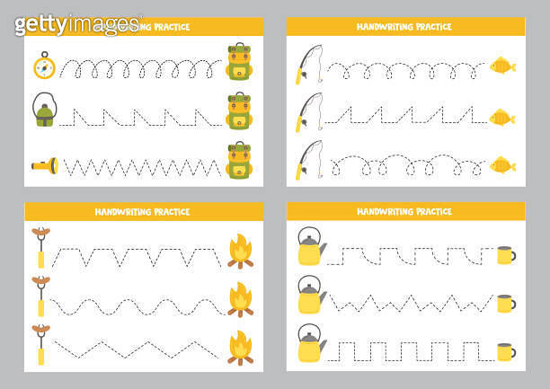 Set of tracing lines worksheets with camping elements. Writing practice ...