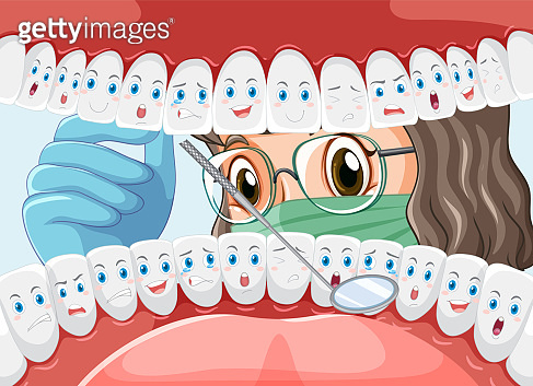 Dentist holding instruments examining patient teeth inside human mouth ...