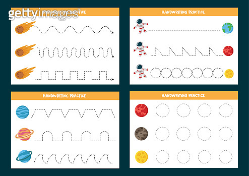 Set of tracing lines worksheets with space pictures. Writing practice ...