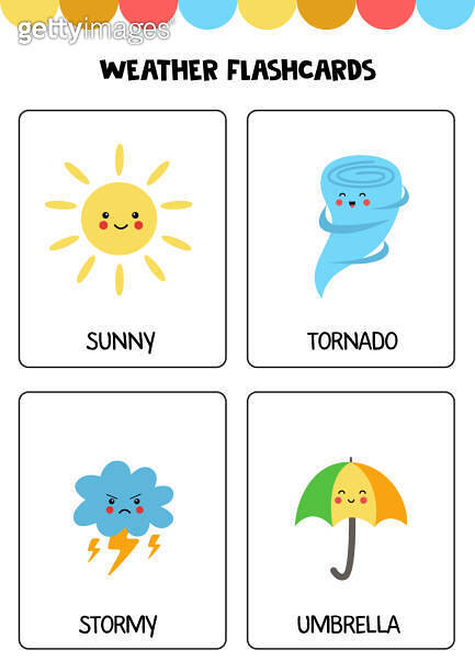 Cute cartoon weather elements with names. Flashcards for children. 이미지 ...