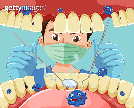 Dentist holding instruments examining patient teeth inside human mouth ...