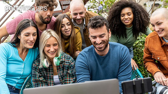 group of digital creator working together, young generation z friends ...
