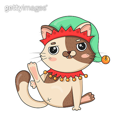 Cute cartoon cat in christmas elf costume with hind paw raised isolated ...