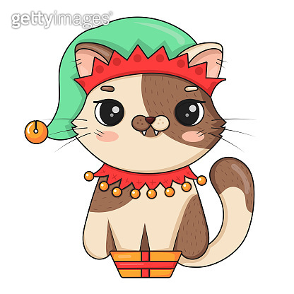 Cute cartoon cat in christmas elf costume sits in gift small box ...