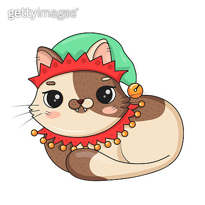 Cute cartoon cat in christmas elf costume lies curled up isolated on ...