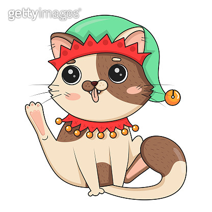 Cute cartoon cat dressed as a Christmas elf washing his face with his ...
