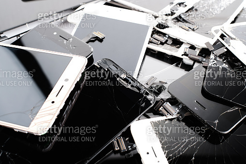 Heap, A lot of used broken iPhone Screens on white bg. Crashed Screen ...