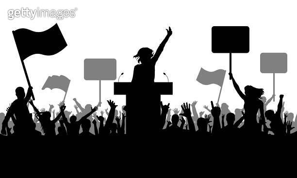 Politics meeting. Silhouette of demonstrating crowd of people with ...