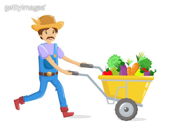 Farmer with cart filled with fruits, vegetables, working in fields. 이미지 ...