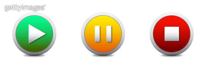 Play, stop, and pause round color buttons. Three media icons. Flat ...