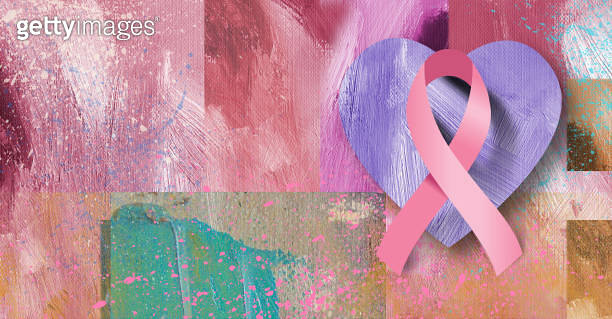 Graphic cancer ribbon and heart icons as abstract brushstroke ...