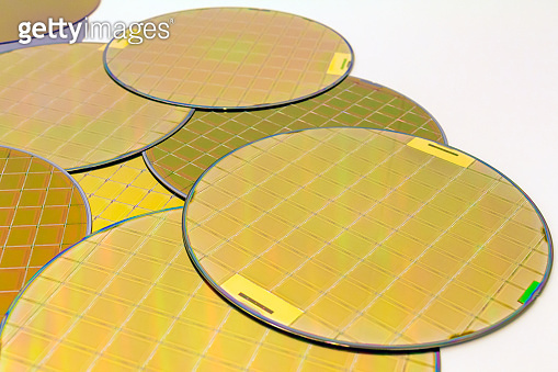 Many Silicon Wafers three types - gold color wafes with microchips ...