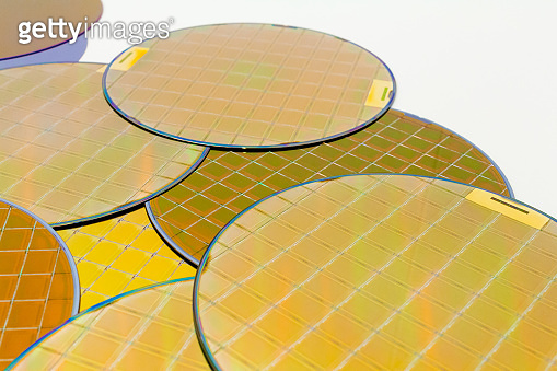 Many Silicon Wafers three types - gold color wafes with microchips ...