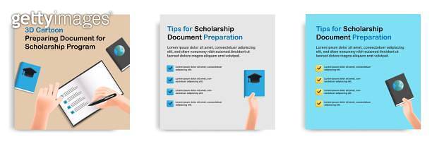 3D cartoon style. Social media informative scholarship document ...