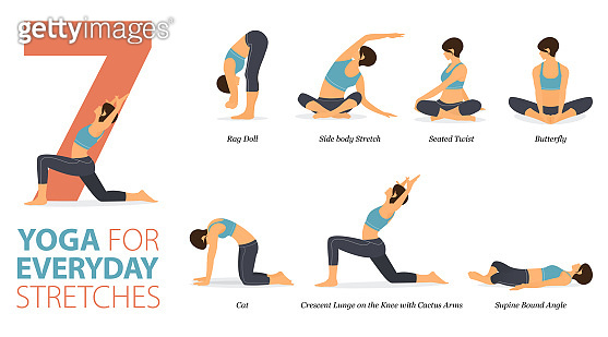 7 Yoga Poses Or Asana Posture For Workout In Everyday Stretches Concept